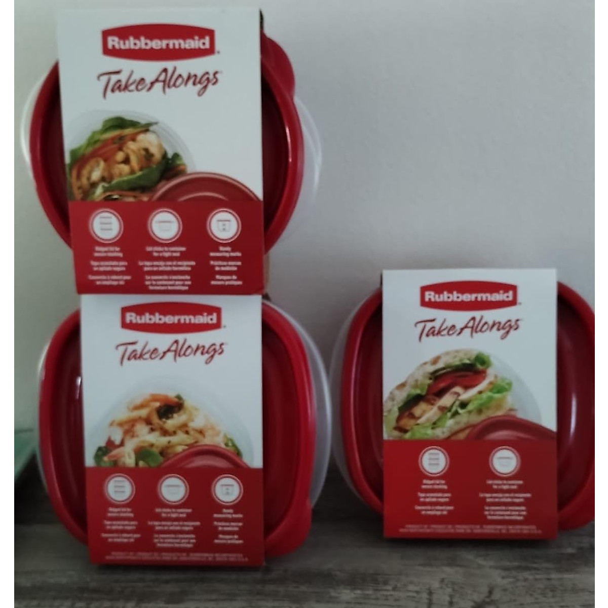 Rubbermaid food storage containers, 6 pack: 2 round 3.2 cups, 2 square 2.9 cups, 2 square 5.2 cups.