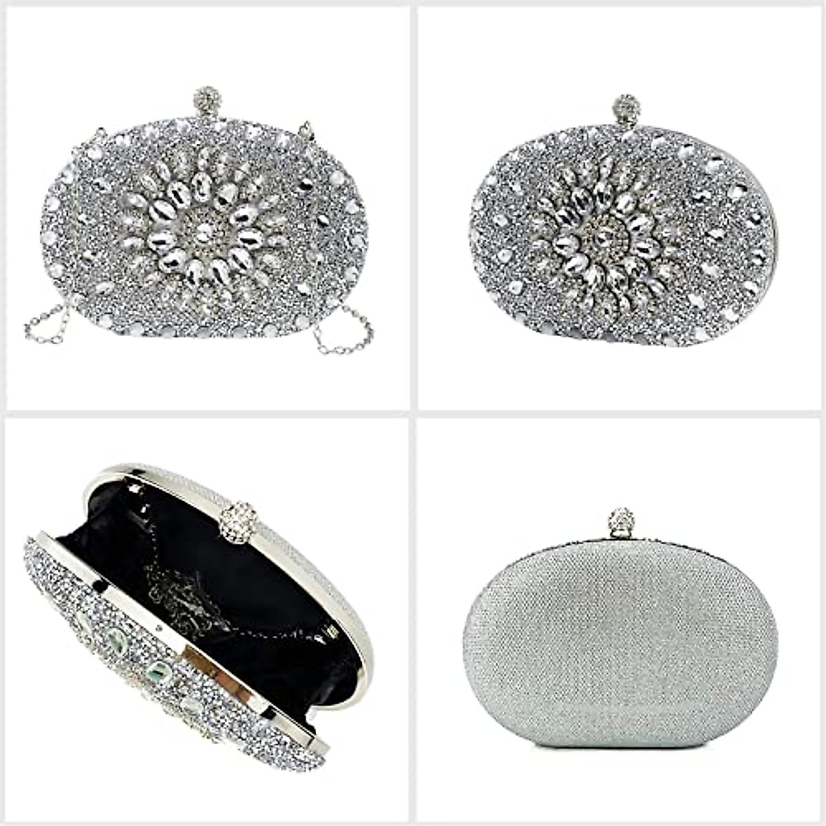 Bandkos Women Clutch Purses Evening Bag Sparkly Diamond Handbag Bridal Glitter Crystal Shoulder Crossbody Bag for Wedding Prom Party (Silver)