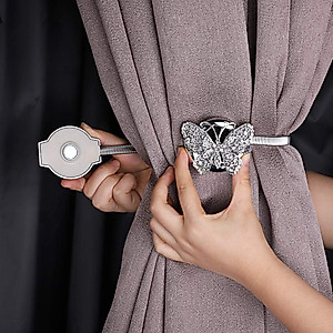 Sumnacon 2 Pcs Crystal Curtain Magnetic Tiebacks - Decorative Curtain Clips Buckle with Stretchy Wire Rope, Sparkling Drapery Holdsbacks for Home Office Decor