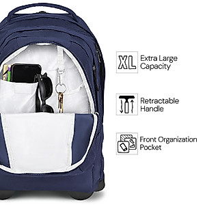 JanSport Driver 8 Rolling Backpack and Computer Bag for College Students, Teens, Navy - Durable Laptop Backpack with Wheels, Tuckaway Straps, 15-inch Laptop Sleeve - Premium Bookbag Rucksack