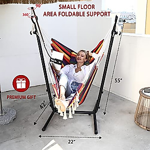 Hammock Chair with Stand Double Hammock Chair Bohemian Style with Tassel Mobile Phone Support Manual Adjustable Swing Indoor and Outdoor Garden Porch with Floor mat Reclining Capacity 400 pounds