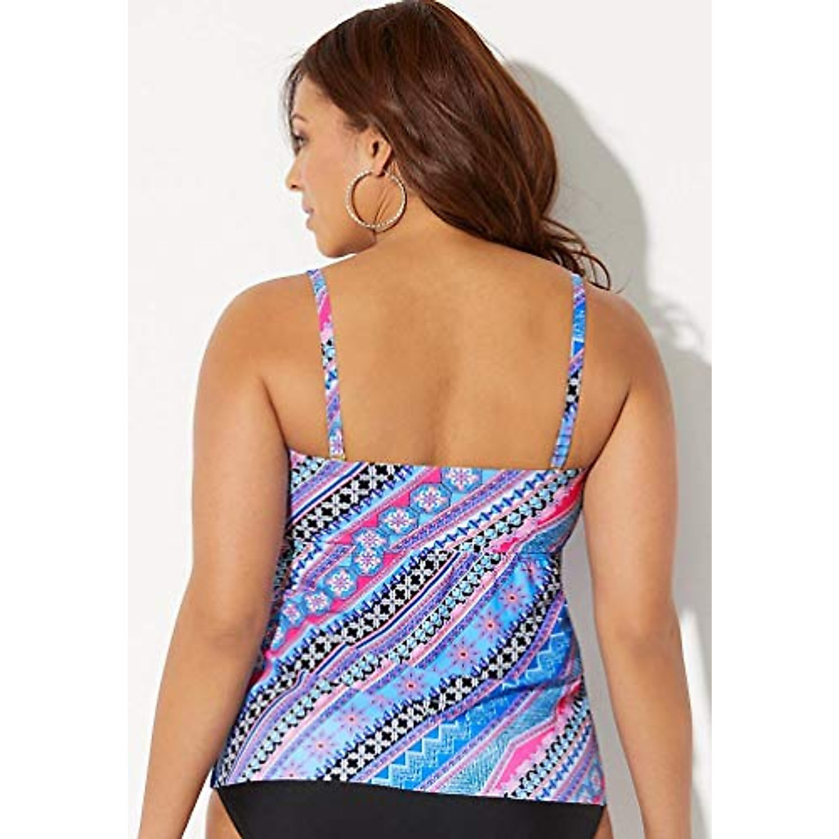 Swimsuits For All Women's Plus Size Smocked Bandeau Tankini Top 24 Pink Blue Zigzag Multicolored