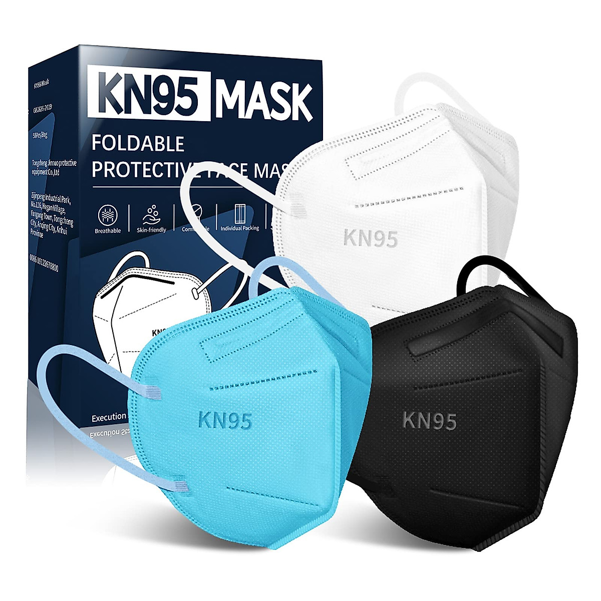 FENFEN KN95 Face Masks for Adults - KN95 Mask Disposable with 5-Layer Protection, 3D Safety Breathable Dust Face Mask for Women Men - Individually Wrapped - 50 Pack (Black, White, Light Blue)
