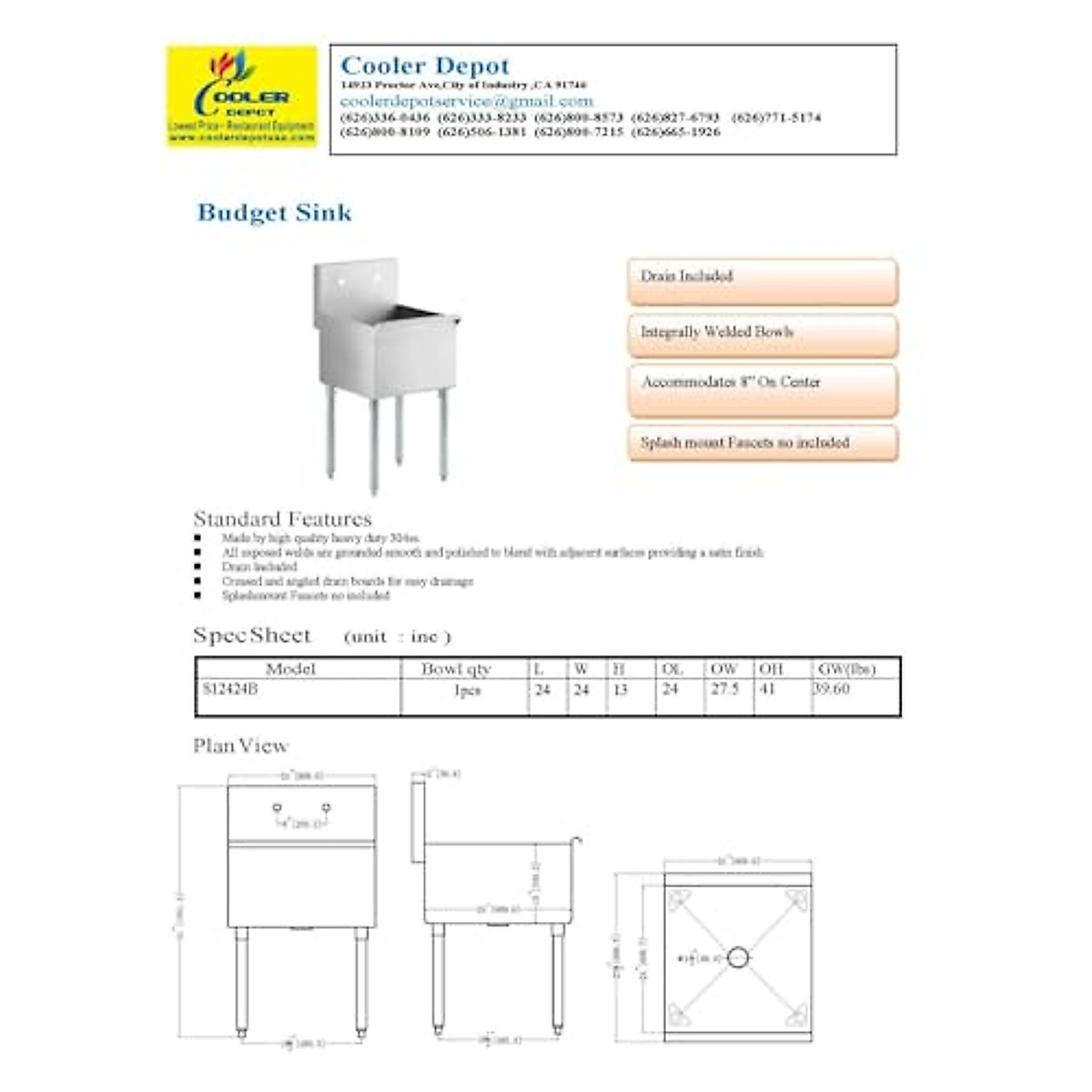 cooler depot sink NSF 24 inches Commercial Utility Sink S12424B