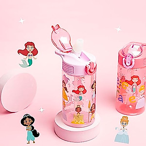 Zak Designs Kids Water Bottle For School or Travel, 16oz 2-Pack Durable Plastic Water Bottle With Straw, Handle, and Leak-Proof, Pop-Up Spout Cover (Disney 100 Princess, Limited Edition)