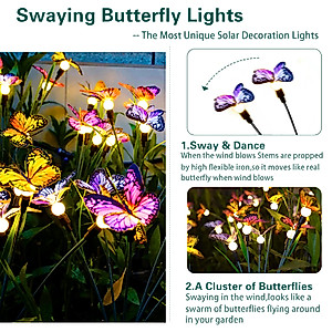 TONULAX Solar Garden Lights - Swaying Butterfly Light, Swaying in The Wind, Solar Outdoor Lights, Yard Patio Pathway Decoration, High Flexibility Iron Wire & Realistic Butterflies (2 Pack)