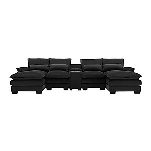 Acosure 123" L Modern U-Shaped Sofa with Double Cushions & 4 Waist Pillows,6-seat Upholstered Symmetrical Sleeper Couch Set W/Chaise & Console,Cupholders & USB Ports,for Living Room,Apartment,Black