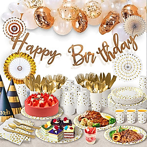 350PCS White and Gold Party Supplies, Severs 50 Disposable Gold Paper Plates Party Supplies Engagement Party Decorations Plastic Forks Knives Spoons Napkins Cups for Wedding Bachelorette