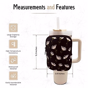 NOLI JUNE - Black Floral Neoprene Pouch for Stanley Quencher 18oz to 40oz - Adjustable Strap, Zipper Closure, Unisex Travel Accessory - Water Bottle Tumbler Carrier