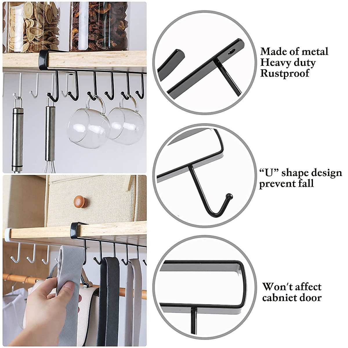Skycase Coffee Mug Hooks,4 Pack 6 Hook Under Cabinet Mug Hanger,Cup Holder Hanger Under Cabinet, Mug Organizer Rack for Mugs,Coffee Cups,Kitchen Utensils,Black,White