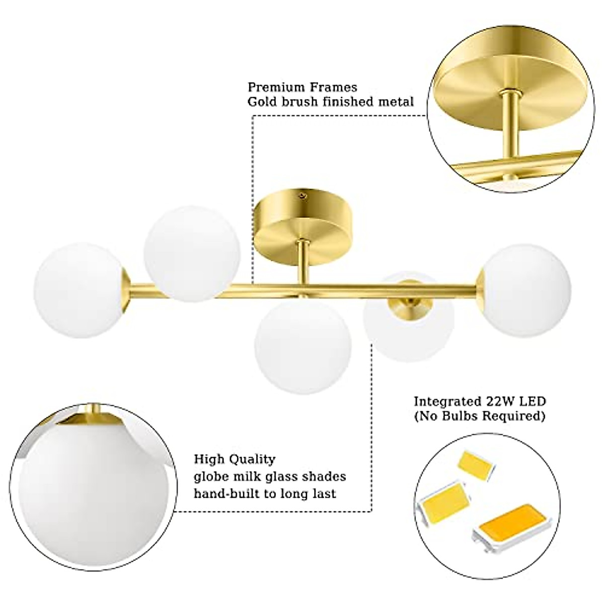 Bathroom Vanity Lights, 5-Light Bathroom Light Fixtures, Mid Century Modern Gold Bathroom Light Ceiling Light, Dimmable LED Wall Sconces Semi-Flush Mount Light Fixture with Milk Glass, Gold Brushed