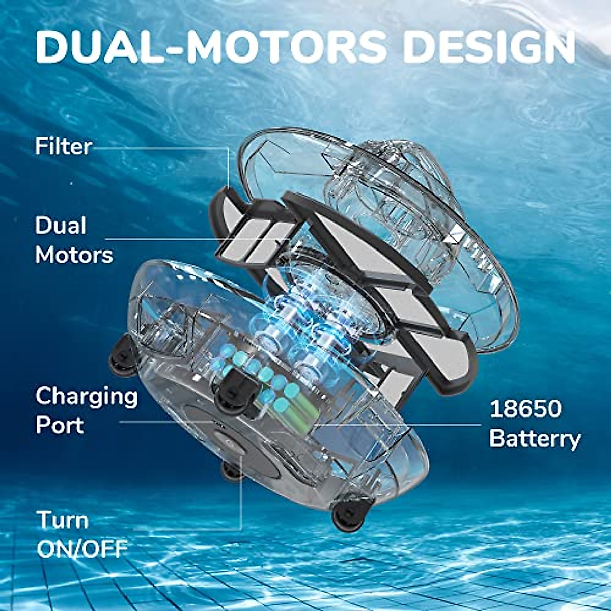 GRENNIX Robotic Pool Vacuum Cleaner - Autonomous Pool Vacuum for Above & In-Ground Pools - Strong Suction, Self-Docking Underwater Skimmer with Top Handle in Arctic Blue