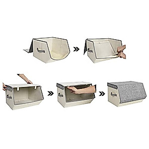 SONGMICS Stackable Storage Bins, Fabric Storage Boxes with Lids, Stackable Storage Cubes with Magnetic Closures, a Semi-Open Front, Lid Can Stay Open after Stacked up, Set of 2, Gray URLB02GE