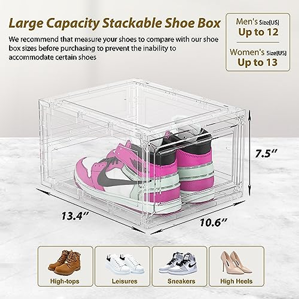Mitees 10 Pack XX Large Thicken Sturdy Hard Plastic Clear Stackable Shoe Storage Boxes for Size 12, Sneaker Shoe Rack Containers Holders Bins Display Case Organizer for Closet, Red Clear