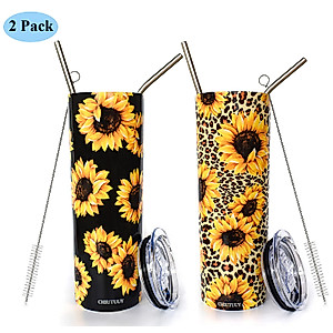 CHIUTUUY 2 Pack 20 oz Stainless Steel Skinny Sunflowers Tumblers Double Wall Vacuum Insulated Water Tumbler Cups with Lids, Straws and Cleaning Brush