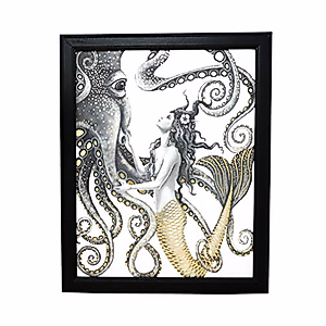 Mermaid and Octopus Wall Art – Collectible Set - Home Decor Nautical Bathroom Beach Ocean Posters Prints Decorations Pictures Artwork Mermaids for kids Girls Bedroom Girl Gold Foil Painting - 8x10 inches