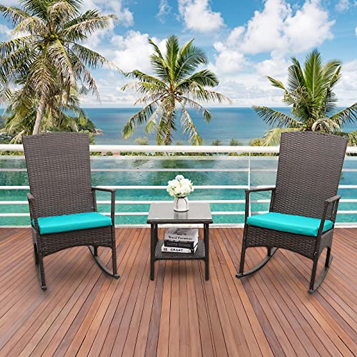 Outdoor PE Wicker Rocking Chair 3-Piece Patio Rattan Bistro Set 2 Rocker Armchair and Glass Coffee Side Table Furniture, Washable Lacing Cushion (Turquoise)