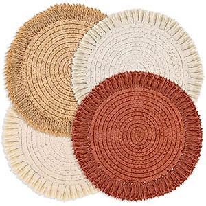 13 Inch Round Cotton Placemat Set of 4 Boho Placemats Table Mats Woven Mandala Tassels Washable Table Placemats for Kitchen Dining Weddings Home Farmhouse Decoration Heat Resistant Circle Place Mat