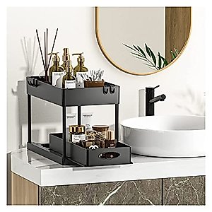 Multi-purpose Under Sink Shelf Organizer - 2-Tier Sliding Storage Drawer Basket Hollow Design Storage Organizer with Hooks,Support Tubes,Antil-slip pads,Suitable for Kitchen Bathroom (Single pull)
