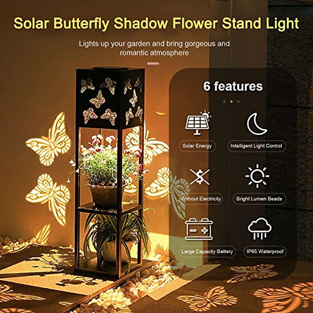 GCMacau Solar Garden Lights, Butterfly Hollow Out Projection 2 Tier Flower Stand Solar Lantern Decorative, Premium Metal 3500K LED Solar Landscape Lights Outdoor Waterproof for Patio Lawn Yard