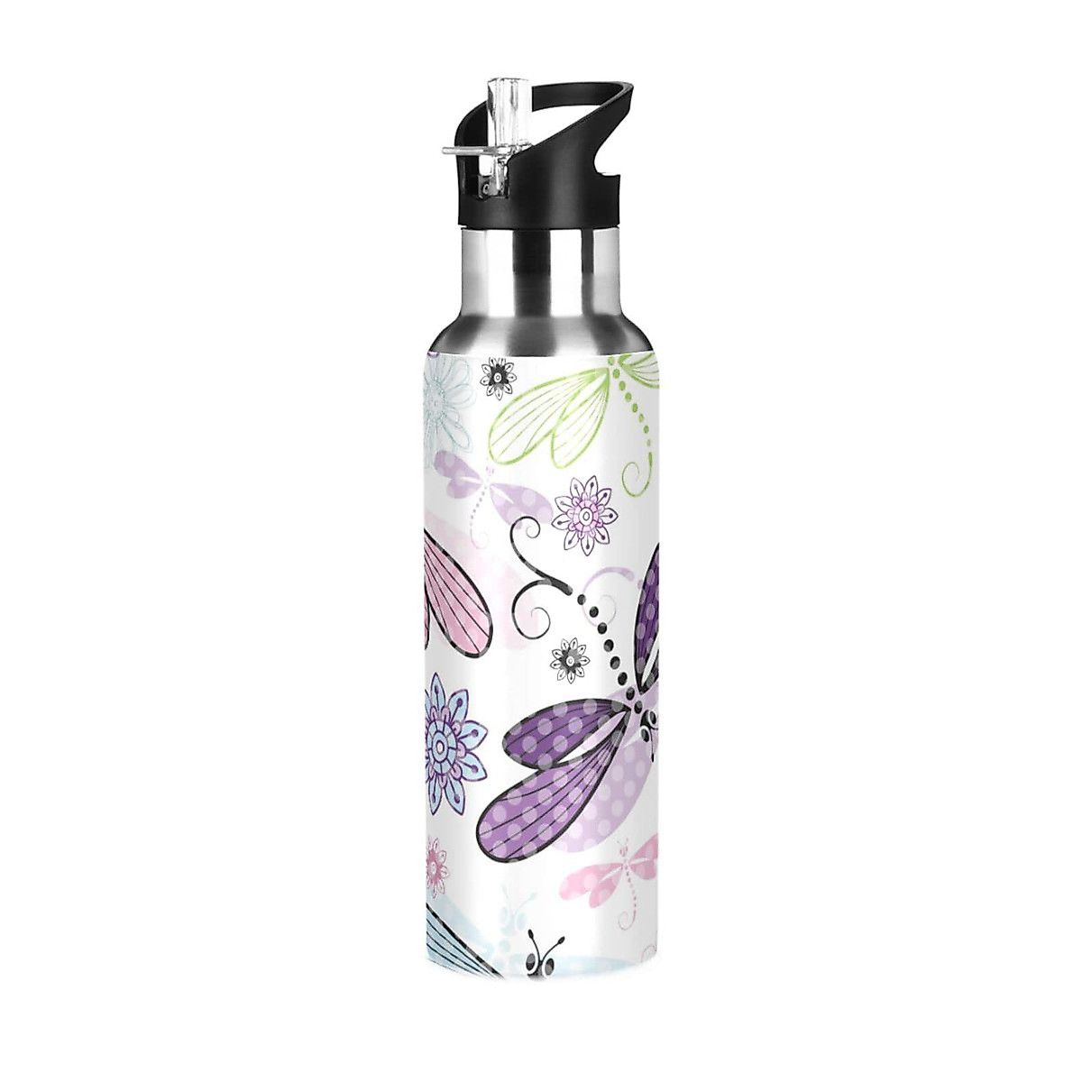 Bulletgxll Water Bottle with Straw Lid 34oz Beautiful Colorful Dragonfly Reusable Vacuum Insulated Stainless Steel water bottles, Leak Proof, BPA-Free.