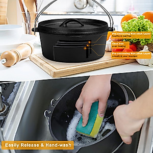 SHINOSKE Camping Dutch Oven,Pre-Seasoned Cast Iron Dutch Oven Pot with Lid,Metal Handle for Campfire Cooking Braising,Broiling,Frying,Bread Baking,Camping Cookware for Indoor & Outdoor Use,Black