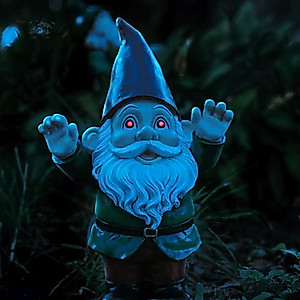 Solar Powered LED Garden Gnome w/ Creepy Light-up Glowing Red Eyes, 11" Tall, Weather Resistant, Meet Figglethorpe The Fire-Eyed Gnome