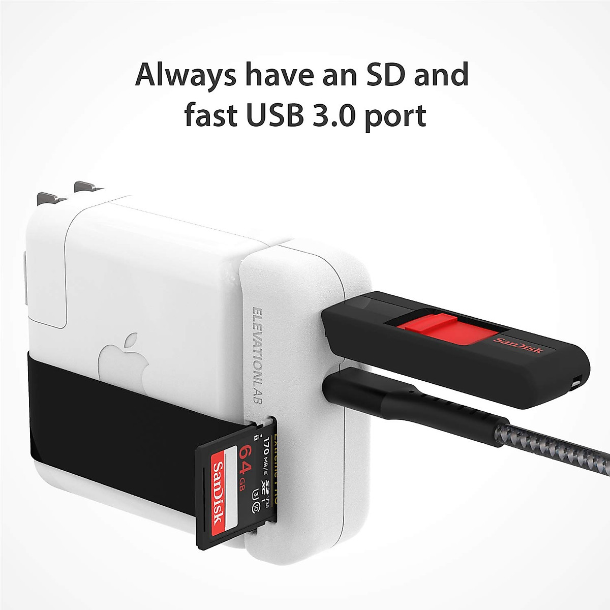 Elevation Hub with 6ft USB-C Cable - MacBook Charger Cord Management, Adds a SD Card Reader, USB-A 3.0, USB-C 3.1 Pass Through Power