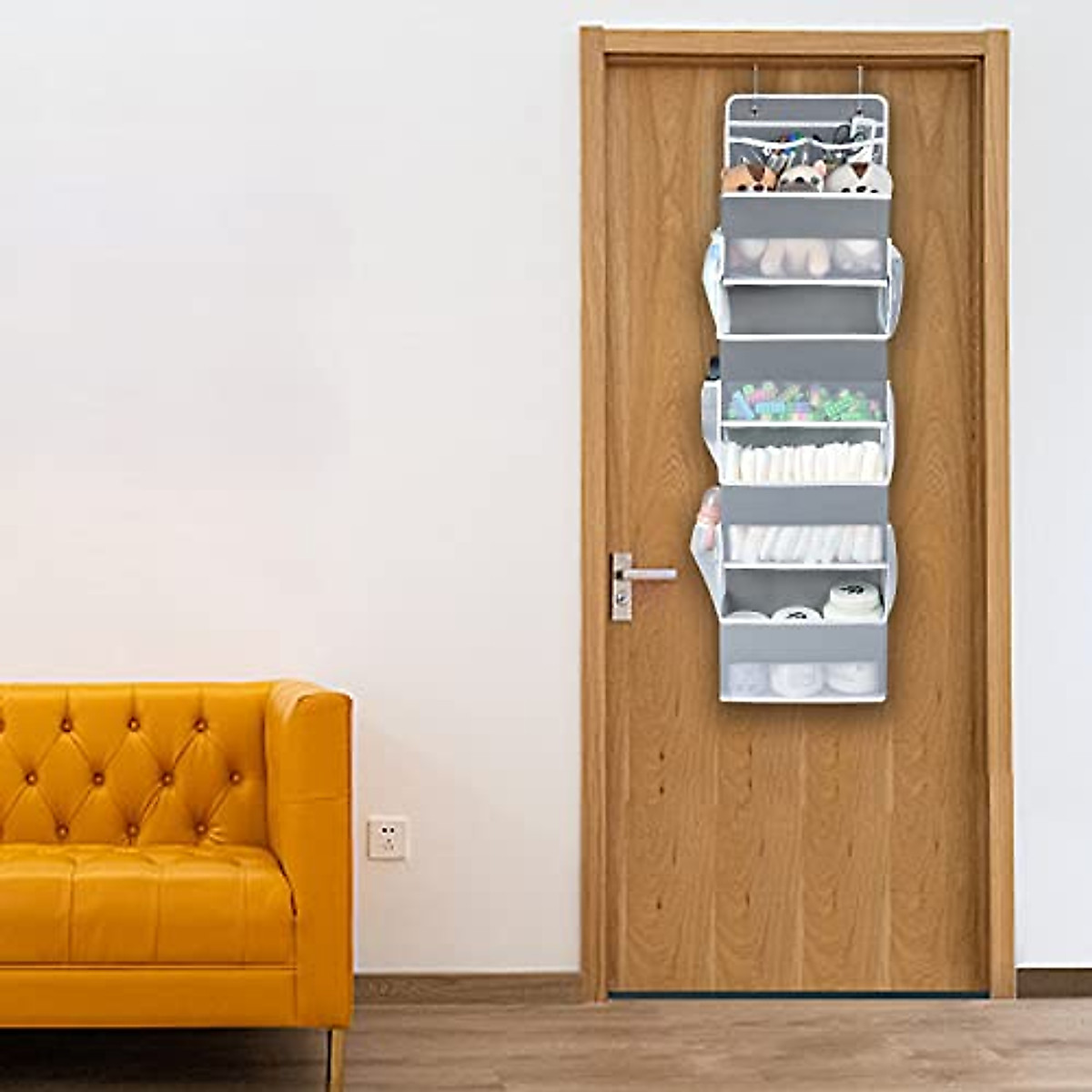 Univivi Over Door Organizers and Storage Door Hanging Organizer Nursery Closet Cabinet Baby Storage with 4 Large Compartments 2 Small PVC Pockets 6 Side Pockets for Cosmetics, Toys and Sundries (Grey)