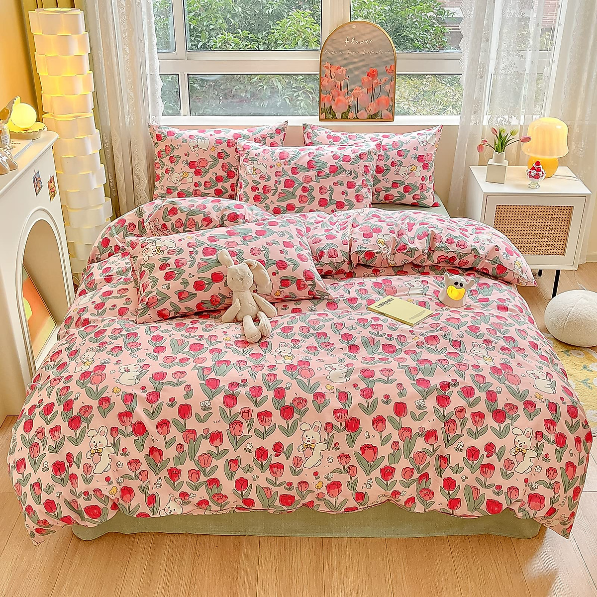 LIWHENHAO Rabbit Duvet Cover Set Queen 100% Cotton Bedding Cartoon White Bunny Red Flower on Pink 1 Cute Comforter Cover Full Zipper Closure 2 Pillowcases for Kids Girls Boys Woman