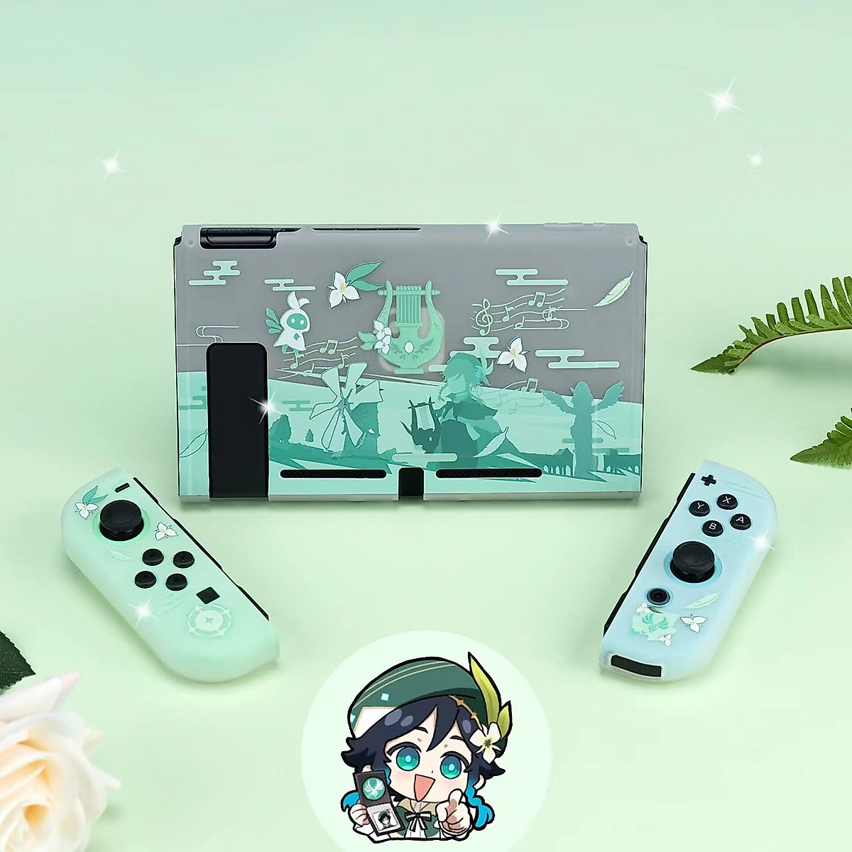 Cute Genshin Impact Venti Case Compatible with Nintendo Switch, Dockable Case Cover, Ergonomic Soft TPU Grip Case for Joycon, Sparkle Skin Set