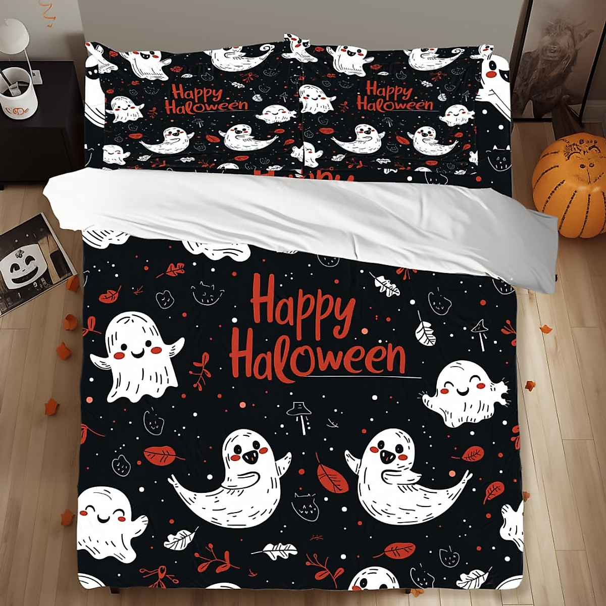 DiuuDi Halloween Ghost Duvet Cover Full Size 3D Printed Black Duvet Cover Set Happy Halloween Ghost Festival Gift Comforter Cover Cozy Quilt Cover with 2 Pillowcases