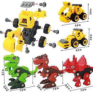 5 in 1 Take Apart Dinosaur & Truck Toys for Kids, Take Apart Toys with Electric Drill Stem Dinosaur Building Construction Educational Learning Toy for Kids Girls Boys 3 4 5 6 7 Year Old