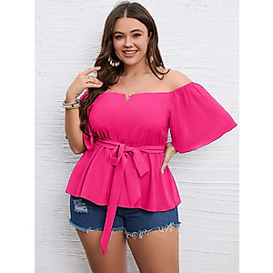 SCOMCHIC Women's Plus Size Off The Shoulder Peplum Blouse Top Half Bell Sleeve Tie Waist Ruffle Hem Babydoll Tops Rose Red