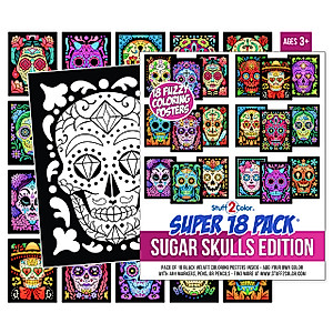 Stuff2Color Super Pack of 18 Fuzzy Velvet Coloring Posters (Sugar Skulls Edition) - Great Kid Friendly Halloween, Day of the Dead, Dia de los Muertos Arts and Craft Activity [All Ages Fun] (1 Pack)