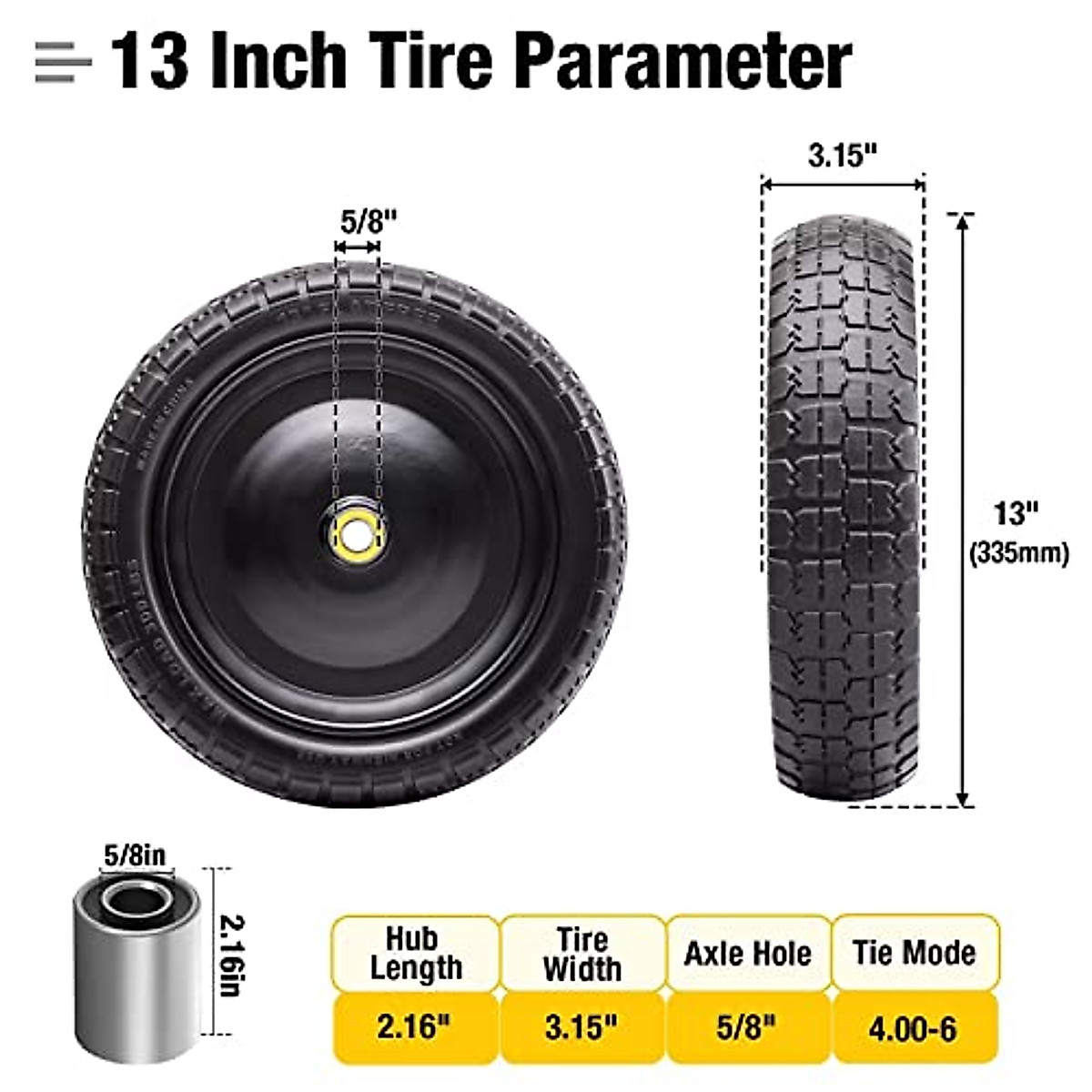HIKYROKY 4.00-6 Flat Free Solid Polyurethane Tire and Wheel 1 Pc, 13 Inch PU Airless Tires Replacement with 5/8" Ball Bearings, Easy Fit for Lawn Garden Carts, Hand Trucks, Generators More, 1 Pack