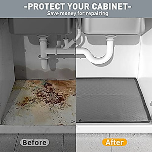 Meltset Under Sink Mats for Kitchen Waterproof 34" x 22" Silicone Under Sink Liner with Drain Hole Flexible Sink Tray for Kitchen Bathroom Laundry Room, Hold up to 3 Gallons Liquid (Gray)