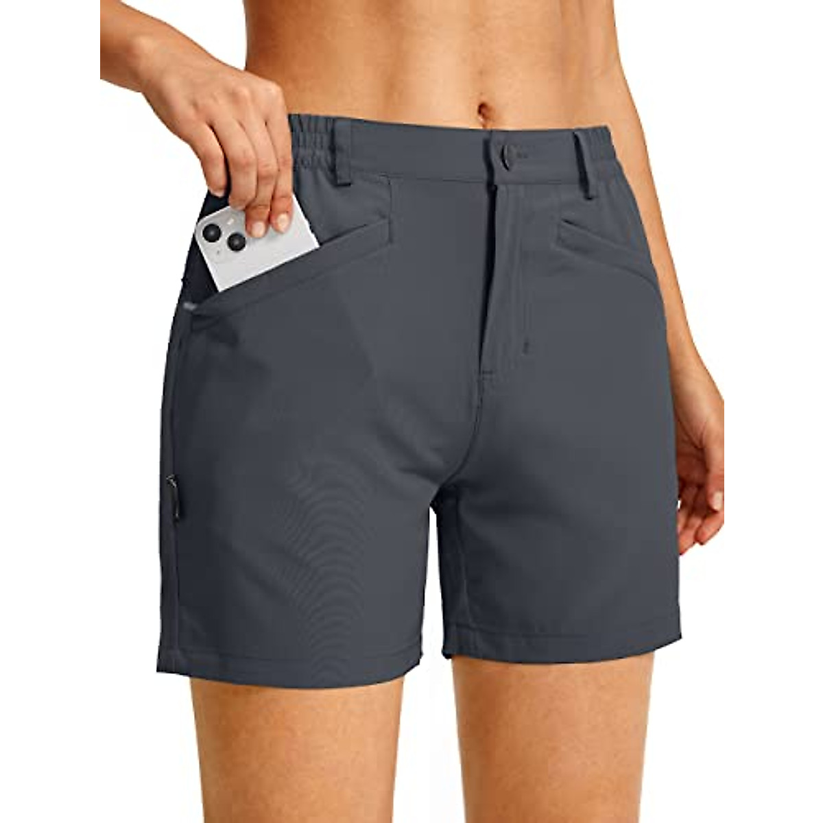 Soothfeel Women's Golf Shorts with 4 Pockets 5 Inch Quick Dry Stretch Dress Work Hiking Shorts for Women Casual Summer (Deep Grey, L)