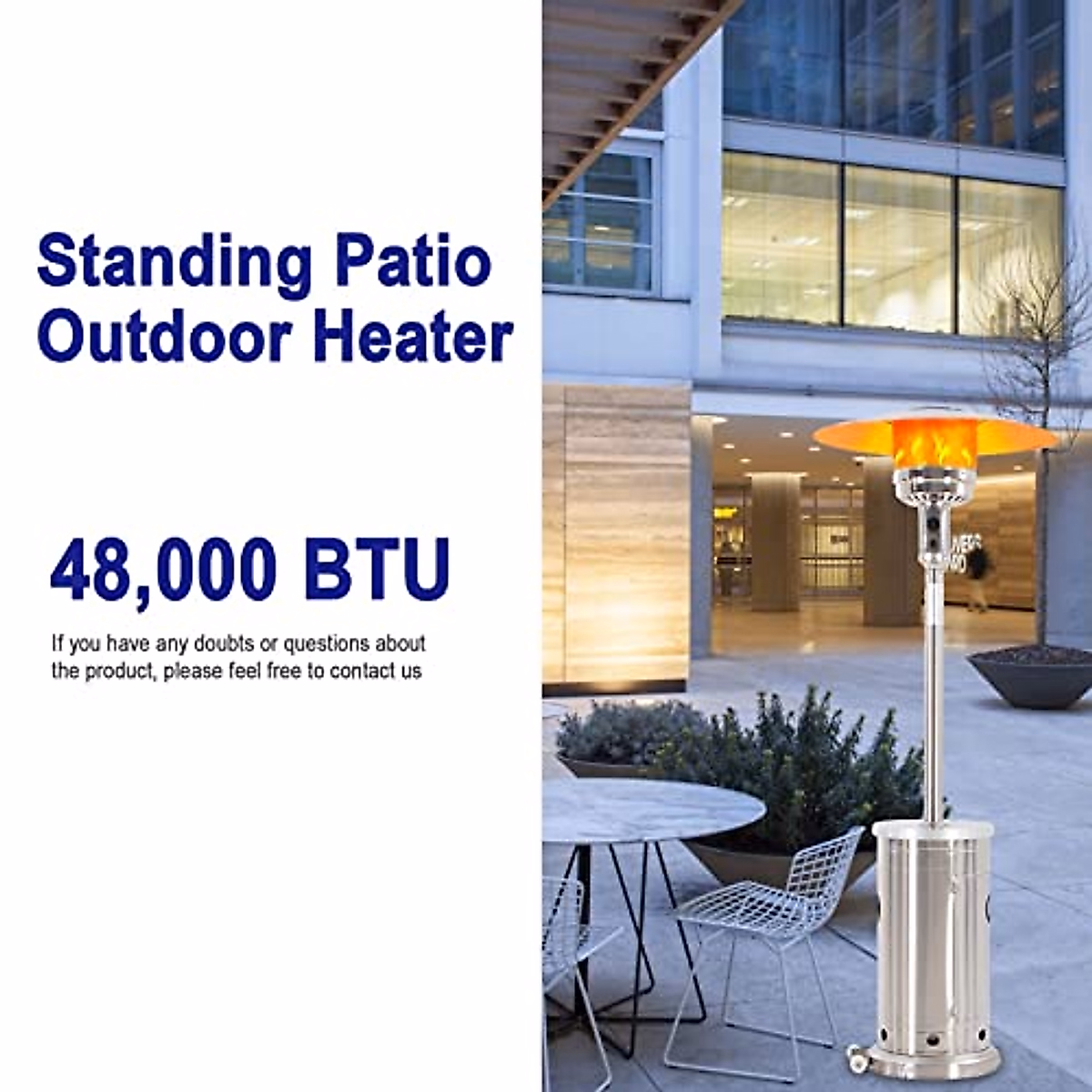 PIONOUS 48000BTU Outdoor Patio with Wheel and Table Heater, Gas Heater for Iindoor and Outdoor use for Party, Garden, Deck, Library, Camping - 4 Set, Silver