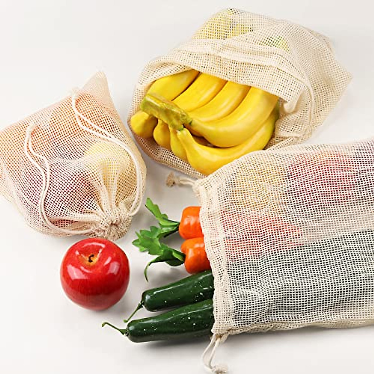 Reusable Produce Bags Grocery Washable - Set of 12 Cotton Mesh Produce Bags for Veggie Fruit Vegetable Storage, 3 Sizes (4L, 4M, 4S)