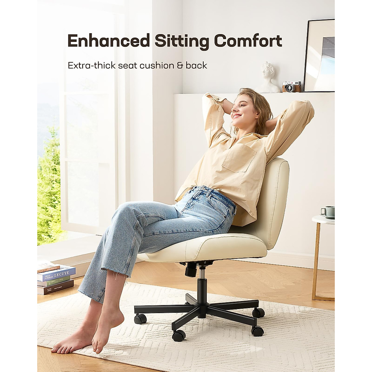 Marsail Criss Cross Chair with Wheels, Scratch-Resistant PVC Leather Cross Legged Office Chair, Wide Mid-Back Comfy Armless Desk Chair, Height Adjustable Vanity Computer Chair for Home Office