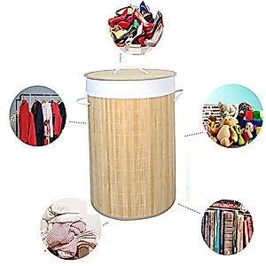 Bamboo Round Clothes Laundry Hamper with Lid 2 Removable Liner Bags,Handwoven Bamboo Laundry Basket with Easy Carry Handles,Large Clothes Basket for Clothes,Bedroom, Toys in Bathroom, Beige