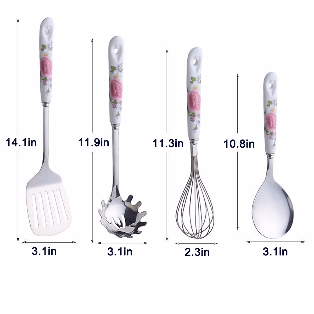 7-Piece Stainless Steel Cooking Utensils Set with ceramic Handle and Holder, Kitchen Utensil Tableware Set, Spatula, Turner Spatula, Ladle, Serving Spoon, Slotted Spoon, Pasta Server, Whisk