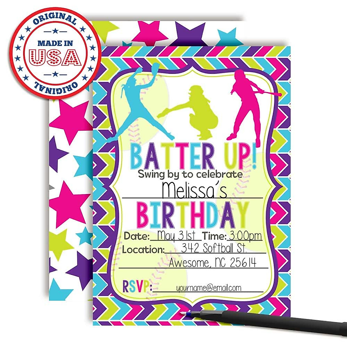 Amanda Creation Batter Up Softball Themed Birthday Party Invitations, 20 5x7 Fill-In Cards with Twenty White Envelopes