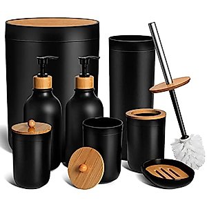 MIERTING Black Bathroom Accessories Set 8 Pcs, Matte Black Bathroom Accessory Sets With Trash Can, Soap Dispenser And Toothbrush Holder Set, Soap Dish, Cotton Ball & Qtip Holder, Toilet Brush & Holder