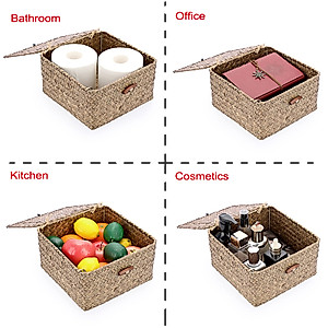 Hipiwe Wicker Shelf Baskets Bin with Lid Handwoven Seagrass Storage Basket Container Square Multipurpose Household Basket Boxes for Shelves and Home Organizer, Coffee Small