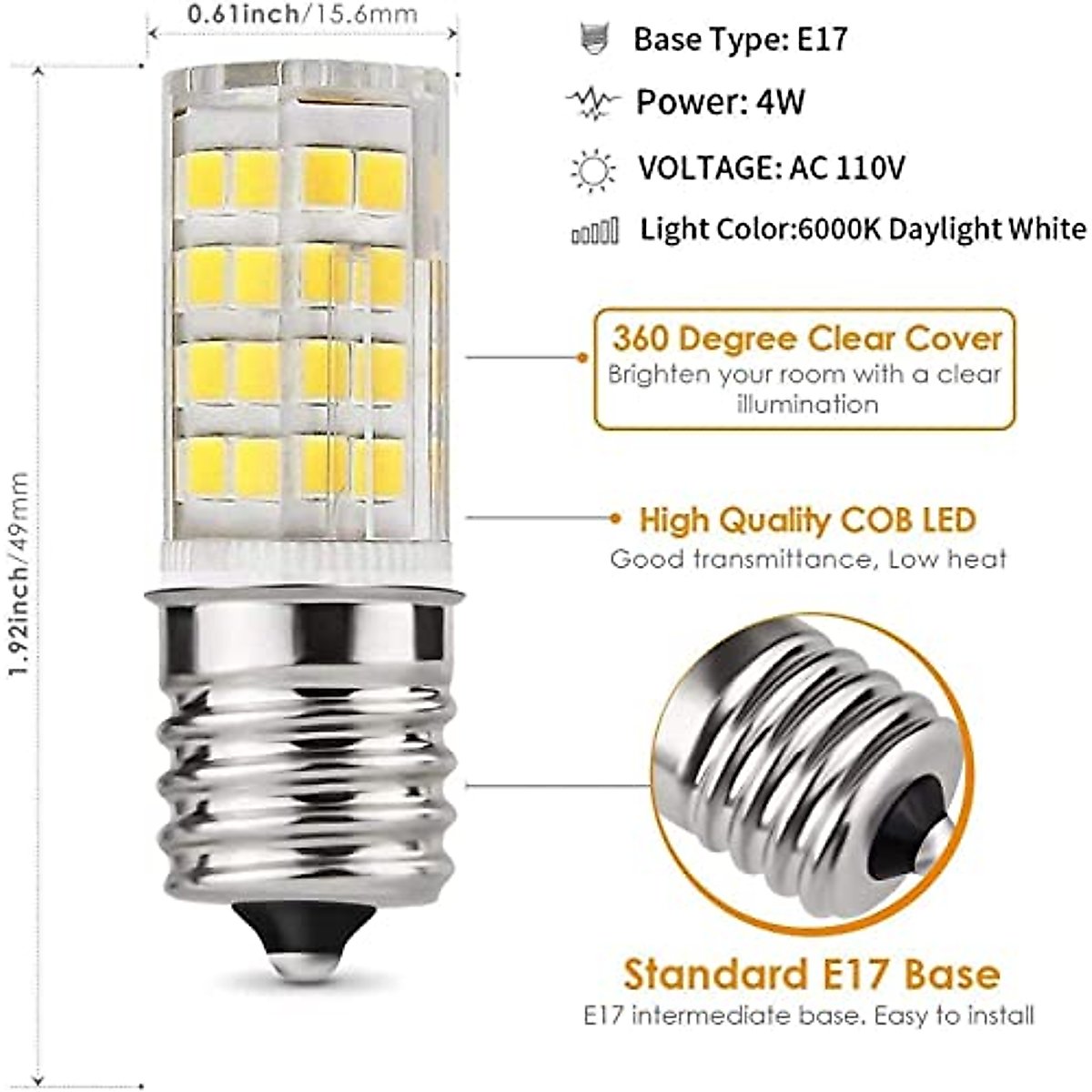 E17 LED Bulb for Microwave Oven,Kitchen Appliance Light Bulb, Stovetop Light,4 Watt (40W Halogen Bulb Equivalent), Daylight White 6000K, E17 Indicator Intermediate Base, Dimmable,(Pack of 2)