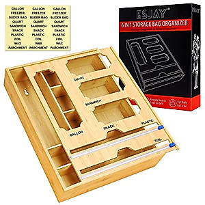 Ziplock Bag Storage Organizer and Wrap Dispenser with Cutter, Bamboo Baggie Organizer and Wrap Holder for Kitchen Drawer, Compatible with Ziploc, Gallon,Quart,Sandwich Bag & Aluminum Foil Plastic Wax