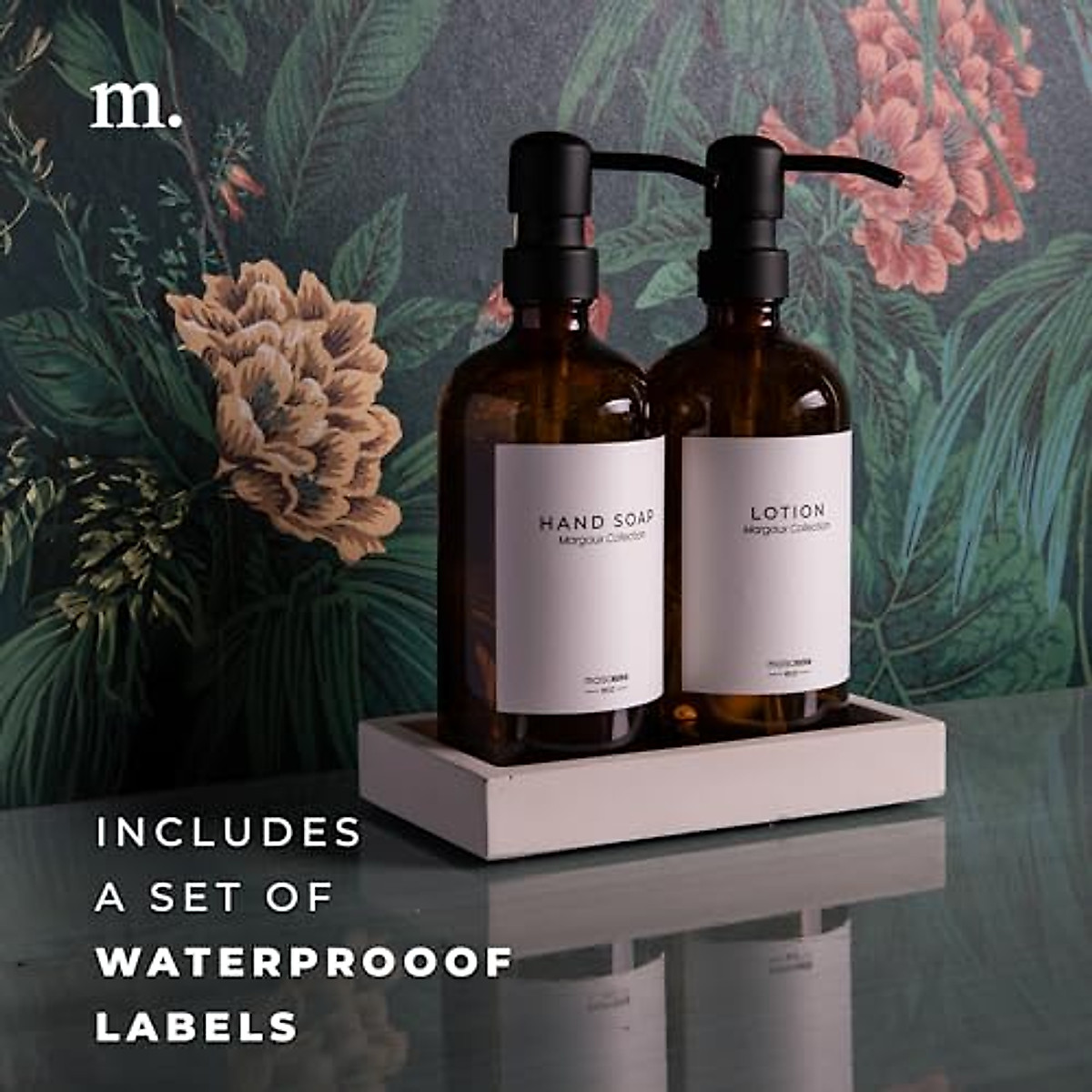 MaisoNovo Shampoo and Conditioner Dispenser with Wall Mounts - 2 Amber Bottles + Concrete Tray