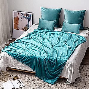 MIULEE Fleece Blanket with Pompom Fringe, Soft Cozy Lightweight Flannel Bed Blanket Fuzzy Plush Warm Teal Blanket Decorative Tassel for Couch Sofa, Throw Size 50"x60", Turquoise Blue